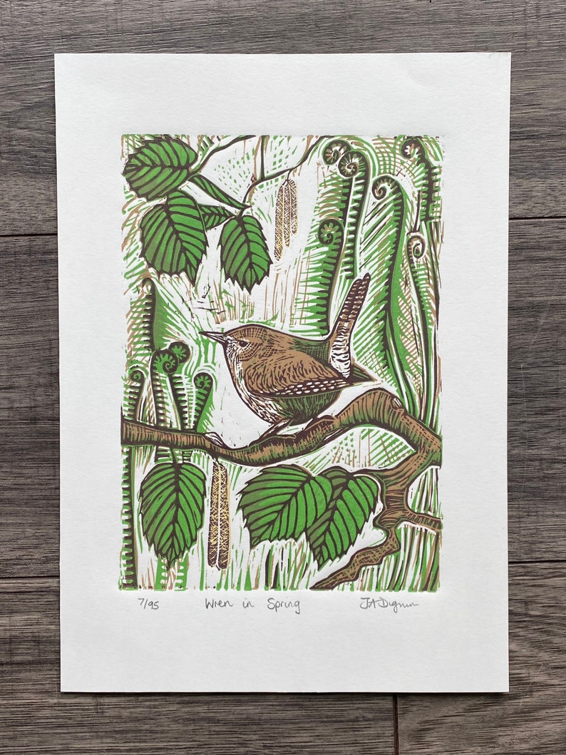 Limited Edition Handmade Linocut. Wren in Spring. - Etsy