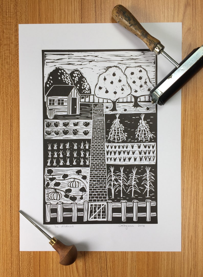 Limited edition handmade Linocut print. The Allotment. | Etsy