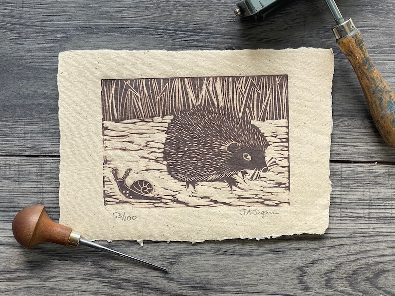 Limited Edition Handmade Linocut Print. Hedgehog and Snail | Etsy