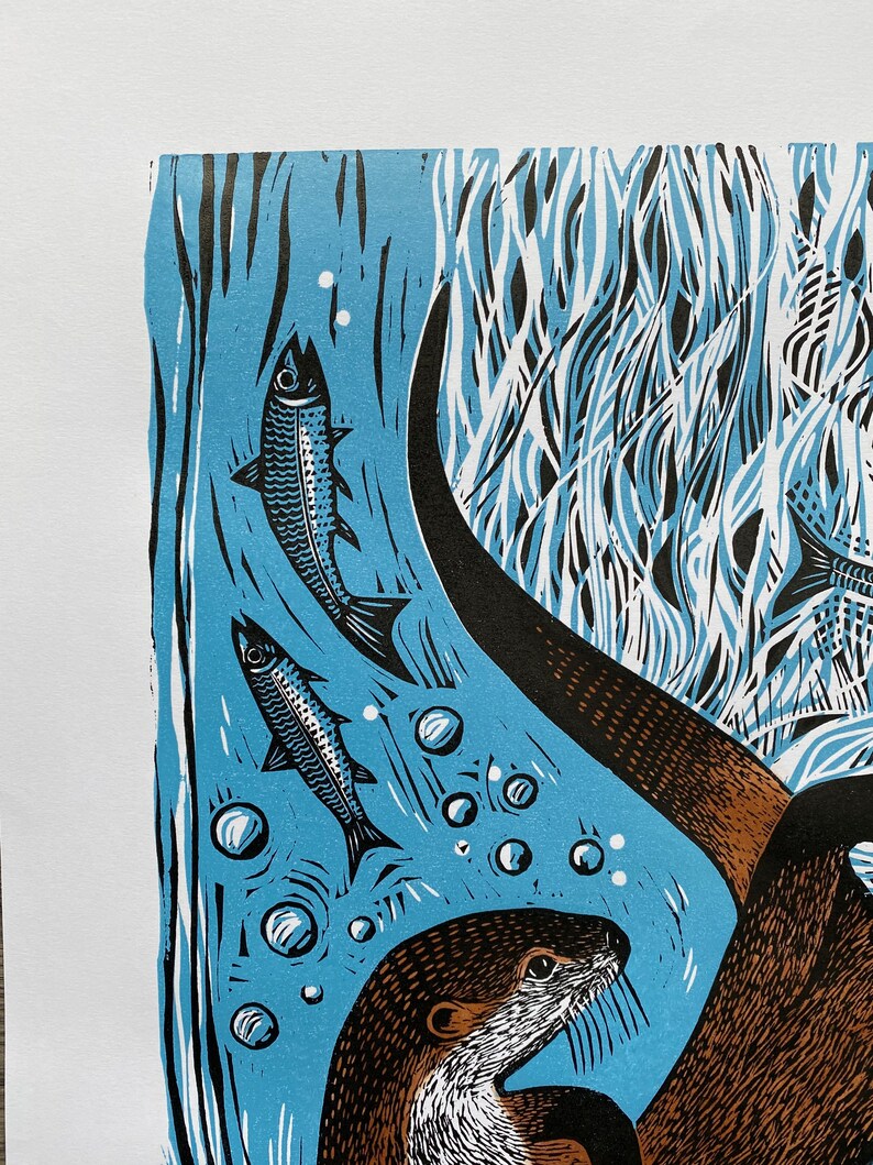 Limited Edition Handmade Linocut. Hunting Otter. - Etsy