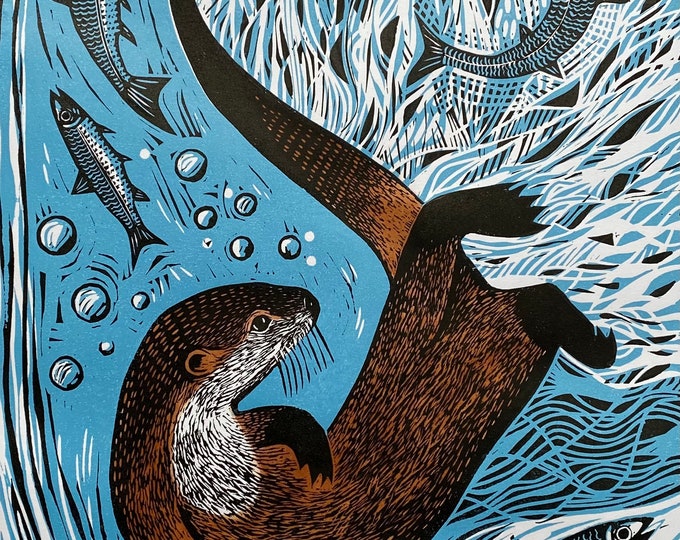 Limited Edition Handmade Linocut. Hunting Otter. - Etsy