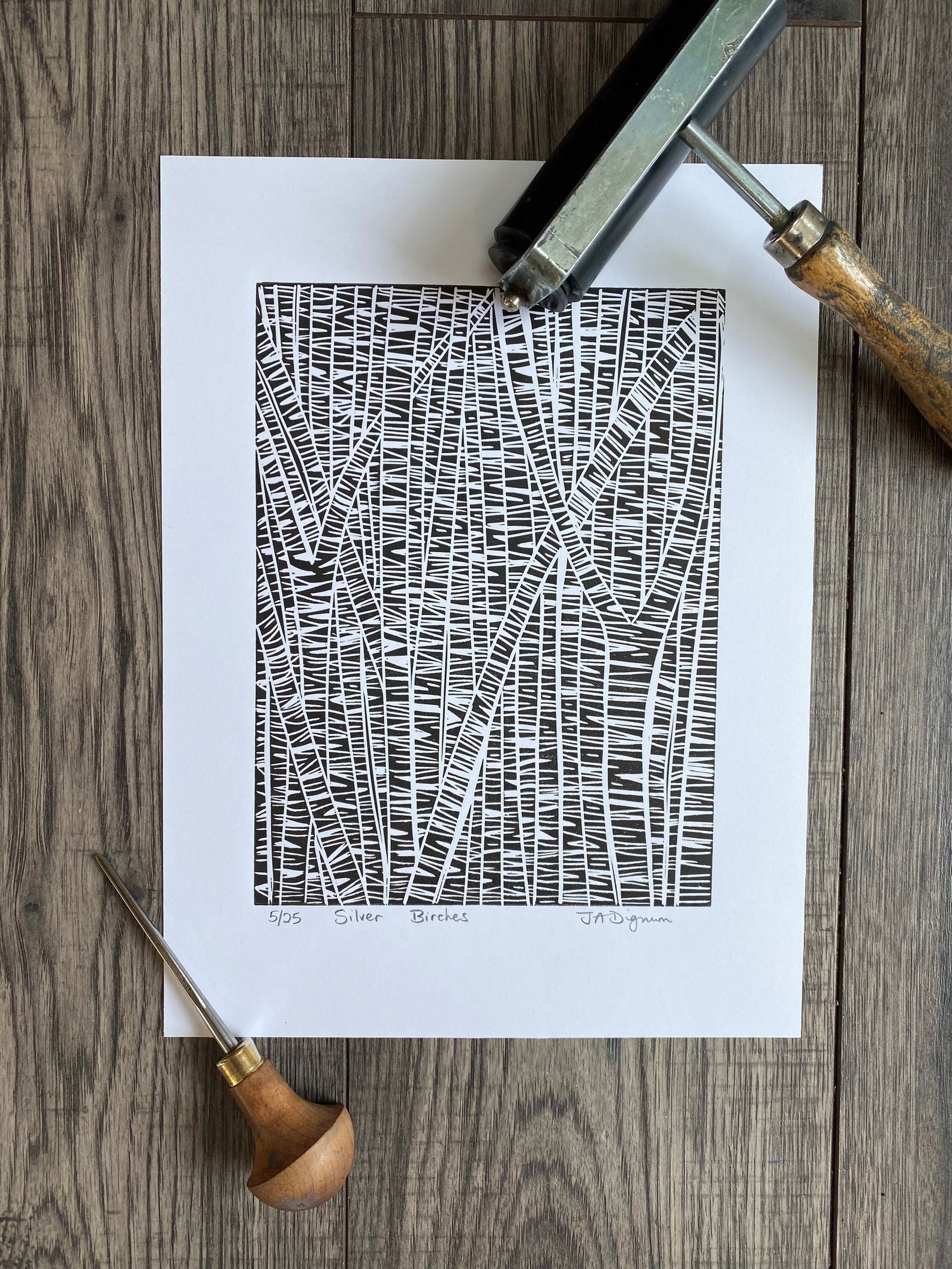 Limited edition handmade Linocut print. Silver Birches. | Etsy