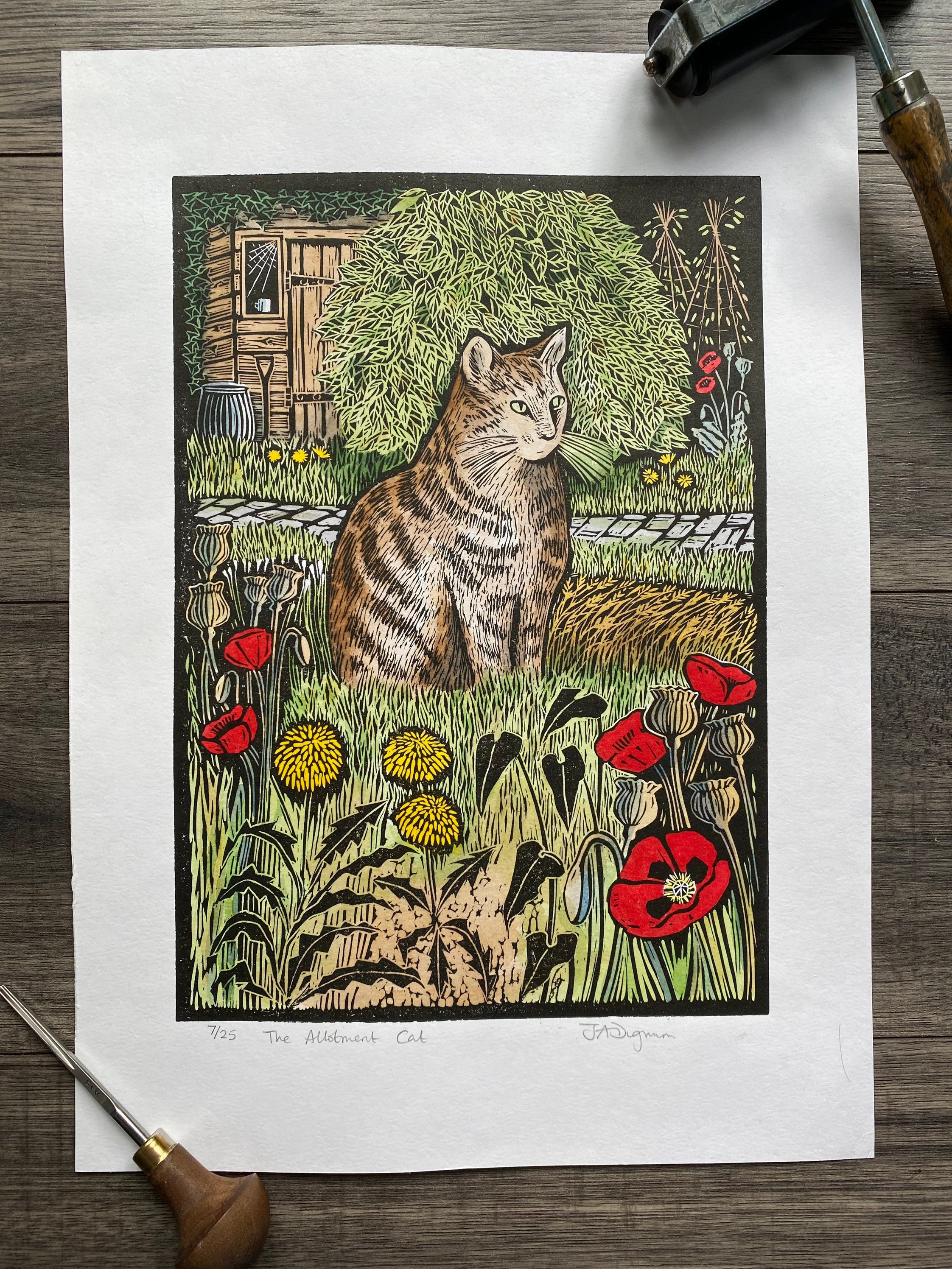 Handmade and hand painted Linocut print. Cat on the Allotment. | Etsy