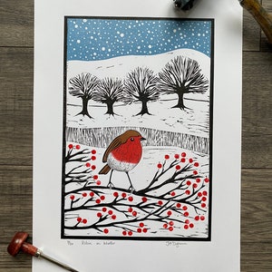 Handmade Linocut Print. Robin in Winter. | Etsy