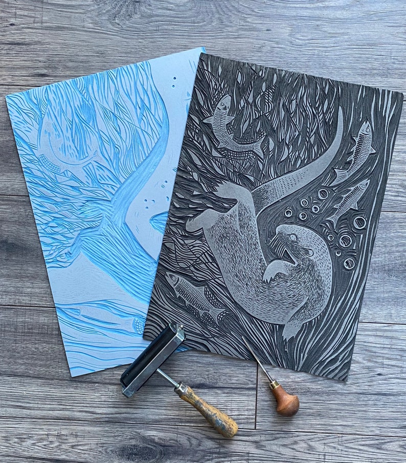 Limited Edition Handmade Linocut. Hunting Otter. - Etsy