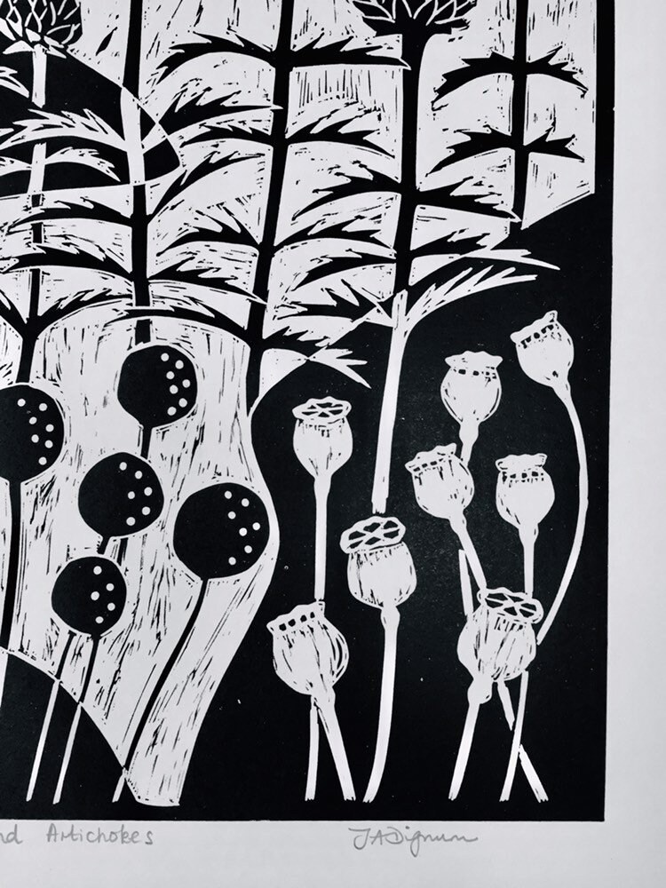 Limited Edition Handmade Linocut Print. Seed Heads and Artichokes. - Etsy