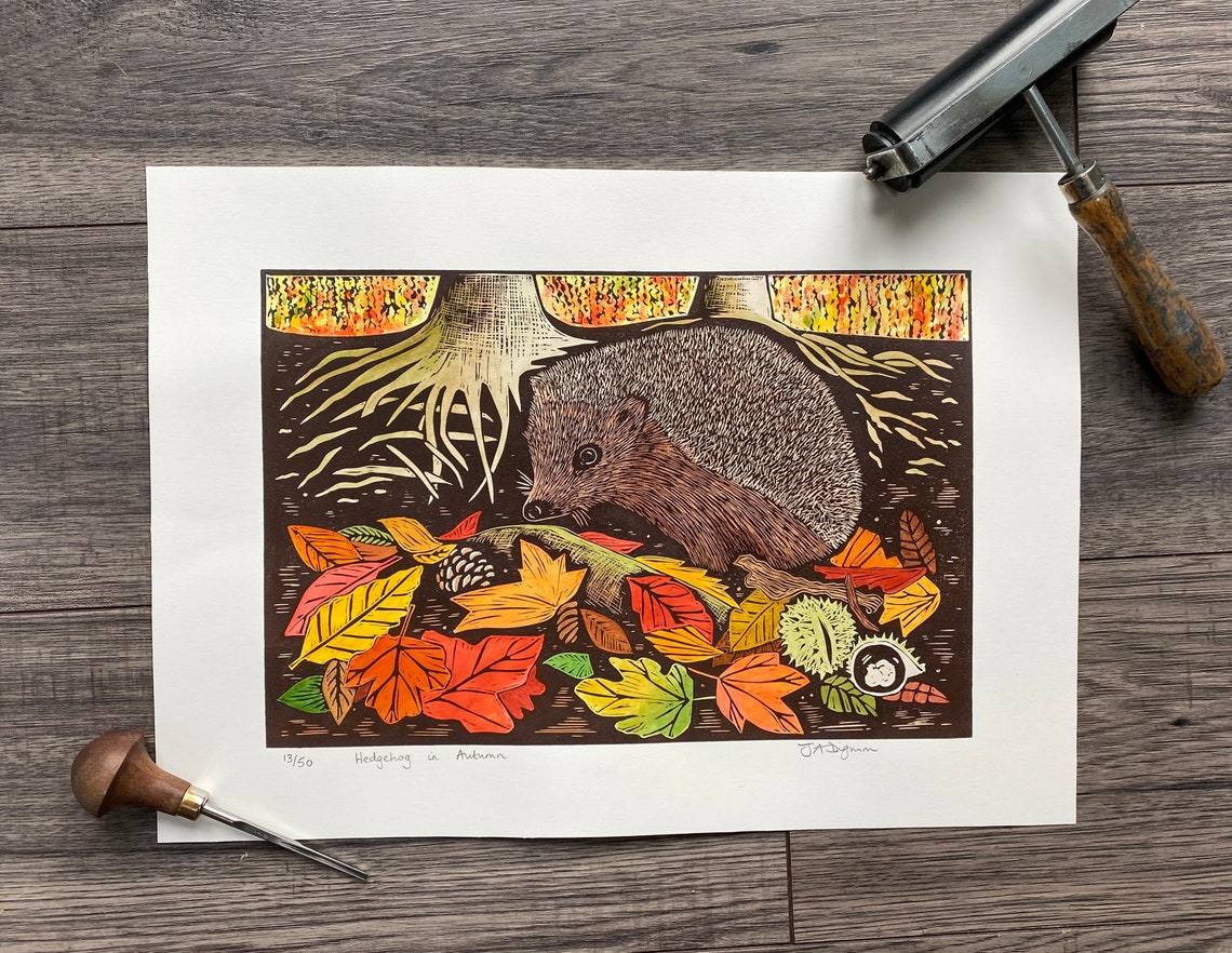Limited Edition Handmade Linocut Print. Hedgehog in Autumn - Etsy
