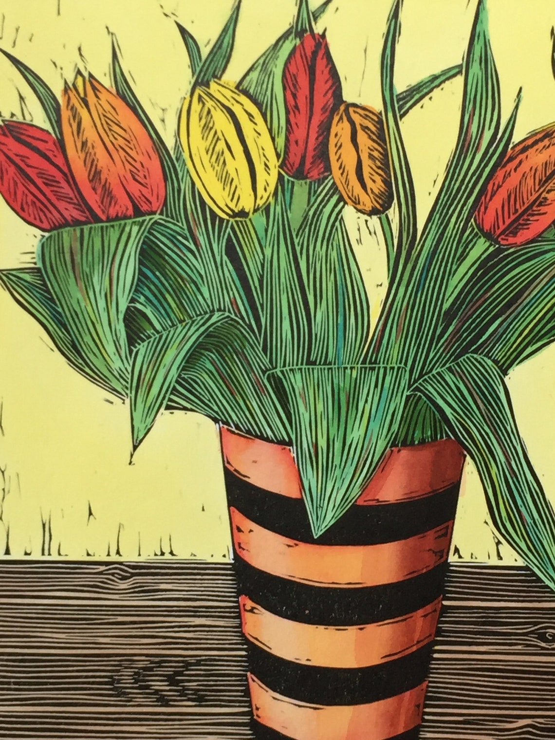 Limited Edition Handmade Linocut Print. Tulips in an Orange | Etsy
