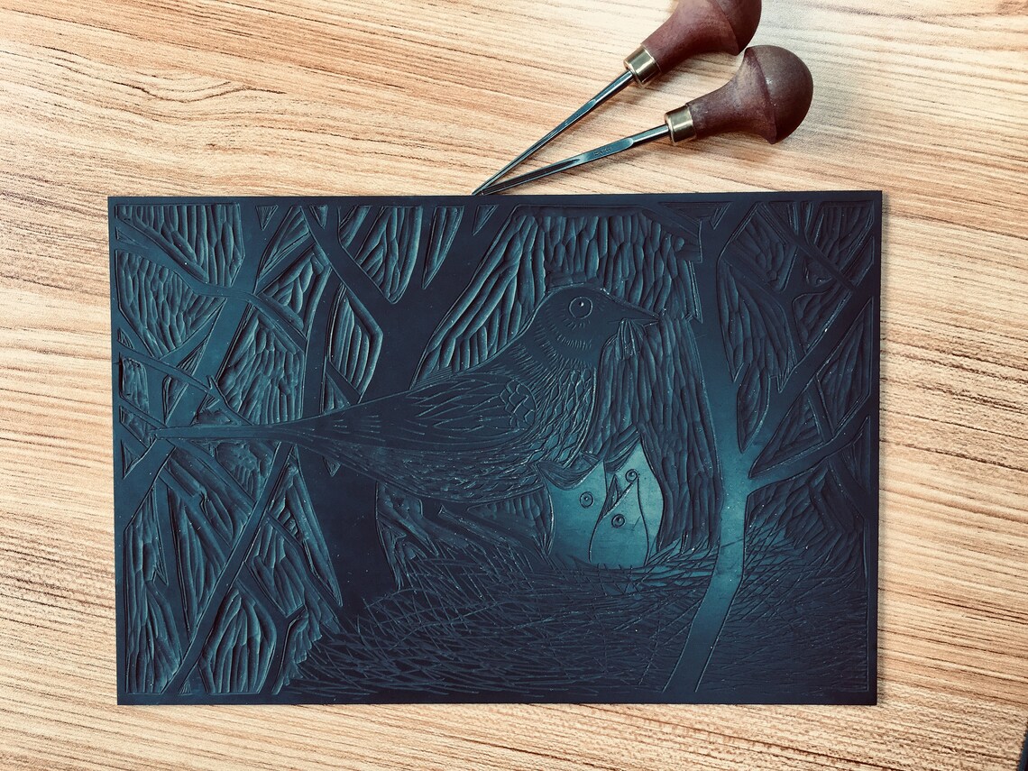 Limited Edition Handmade Linocut Print. A Nest of Thrushes - Etsy UK