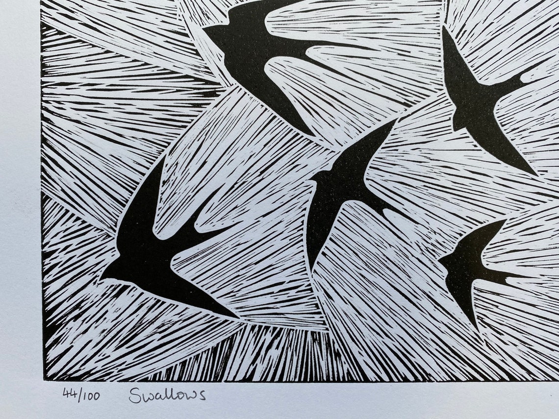 Limited edition handmade Linocut print. Swallows | Etsy