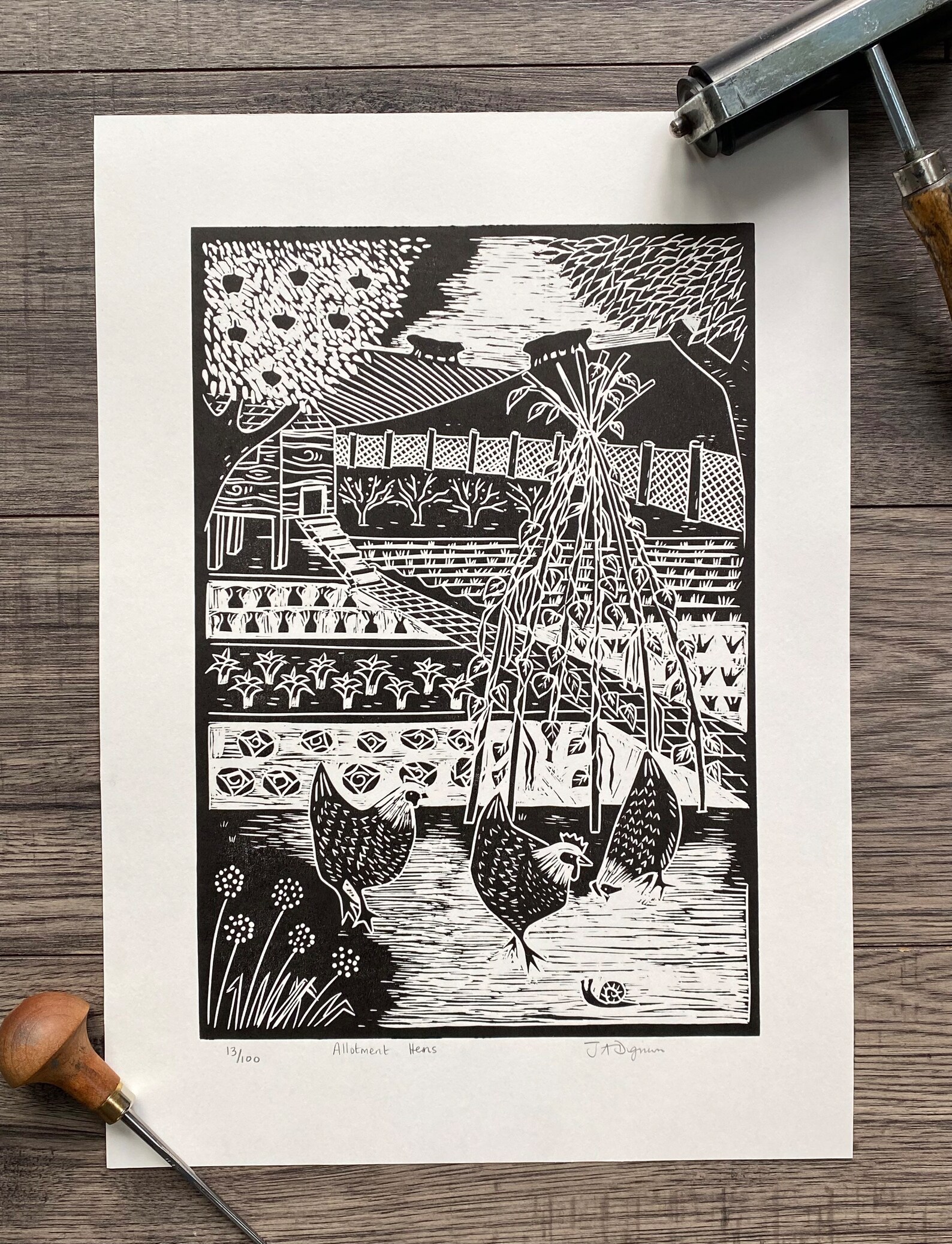 Limited Edition Handmade Linocut Print. Allotment Hens - Etsy
