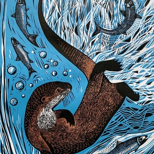 Limited Edition Handmade Linocut. Hunting Otter. - Etsy