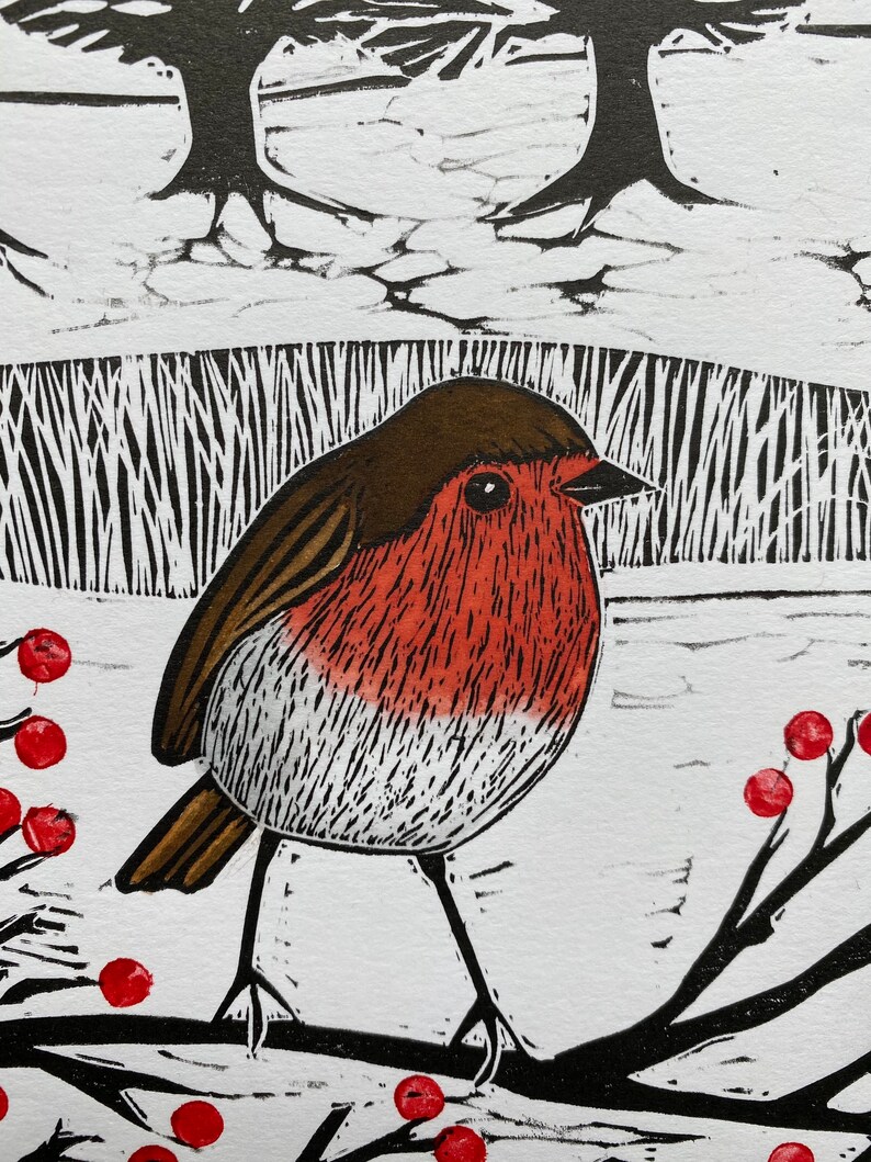 Limited Edition Handmade Linocut Print. Robin in a Winter - Etsy