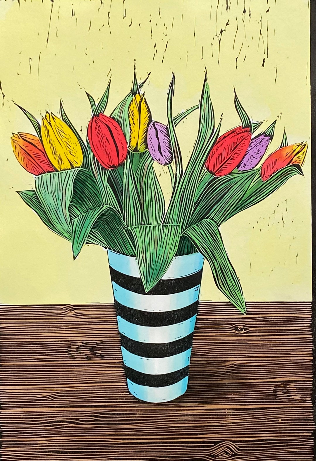 Limited Edition, Handmade Linocut Print. Tulips in a Blue Vase. - Etsy