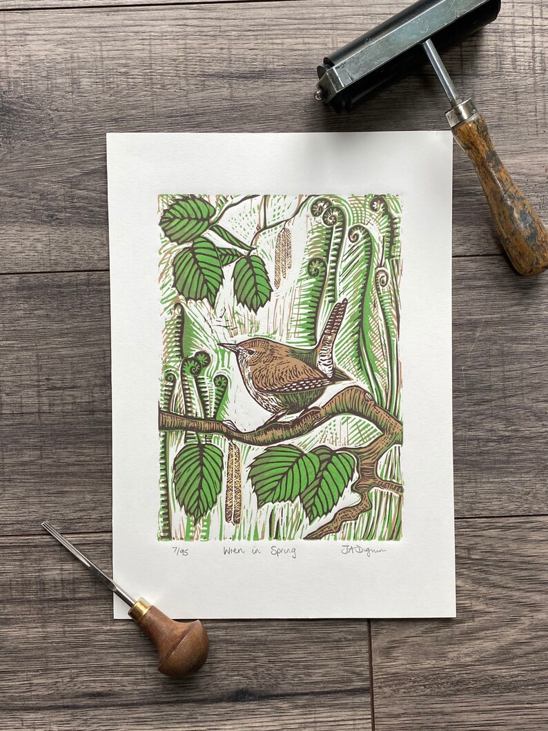 Limited Edition Handmade Linocut. Wren in Spring. - Etsy