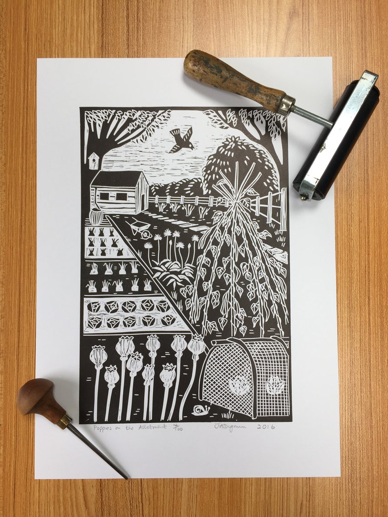 Limited edition handmade Linocut print. Poppies on the | Etsy