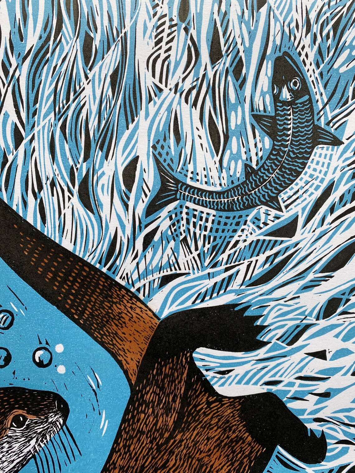 Limited Edition Handmade Linocut. Hunting Otter. - Etsy