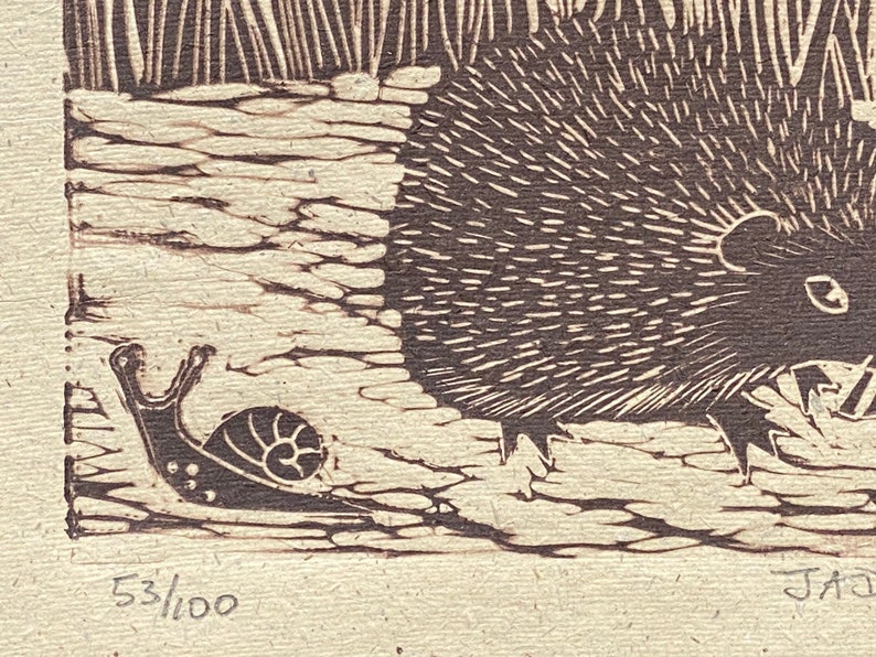 Limited Edition Handmade Linocut Print. Hedgehog and Snail | Etsy