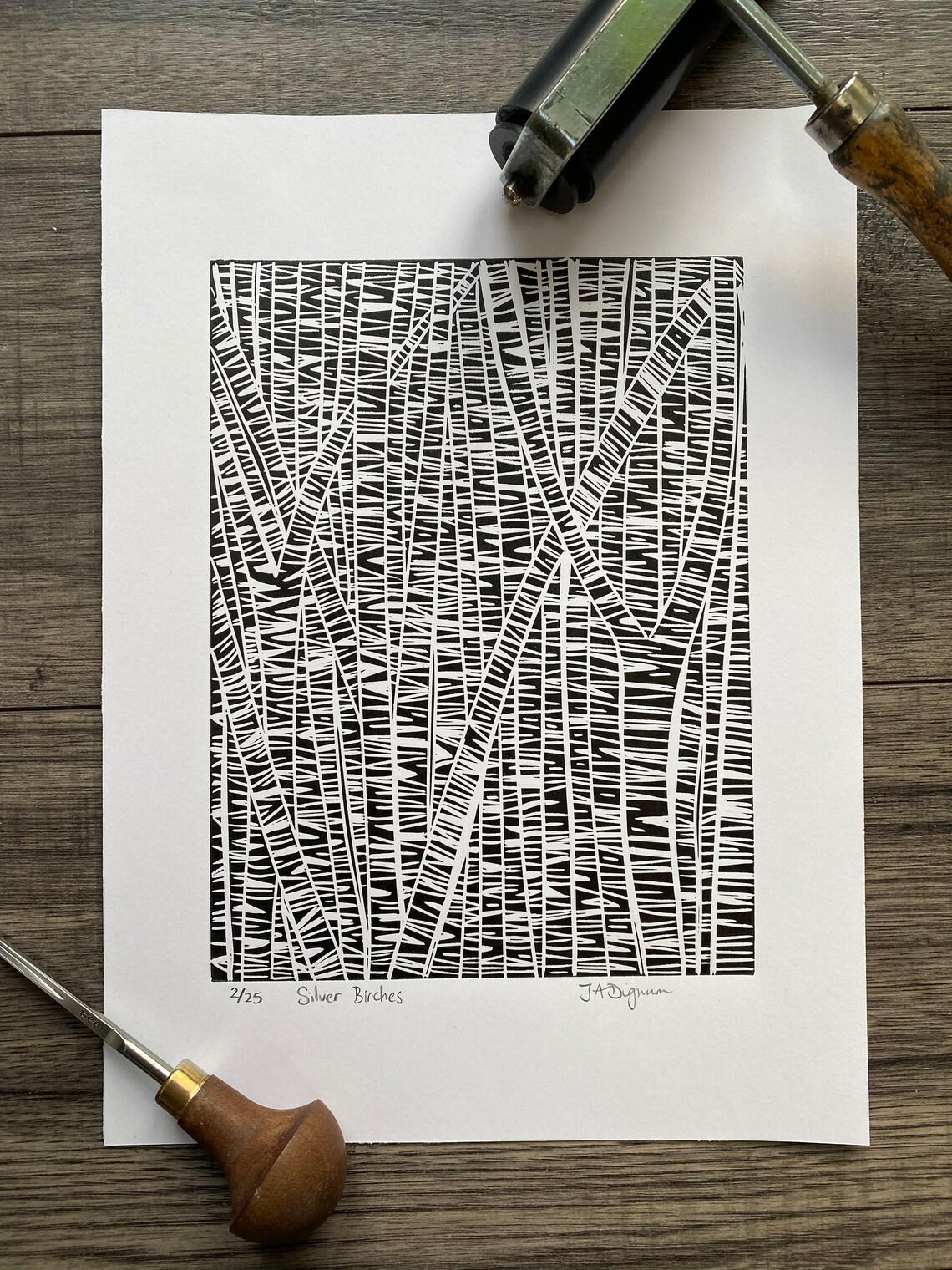 Limited edition handmade Linocut print. Silver Birches. | Etsy
