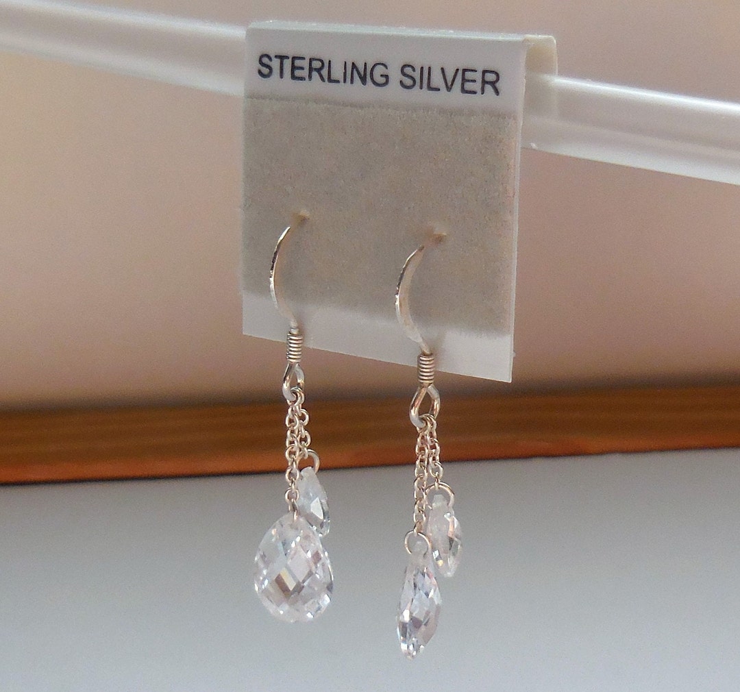 Vintage White Teardrop Shaped Cubic Zirconia Dangle Drop Earrings 925 ...