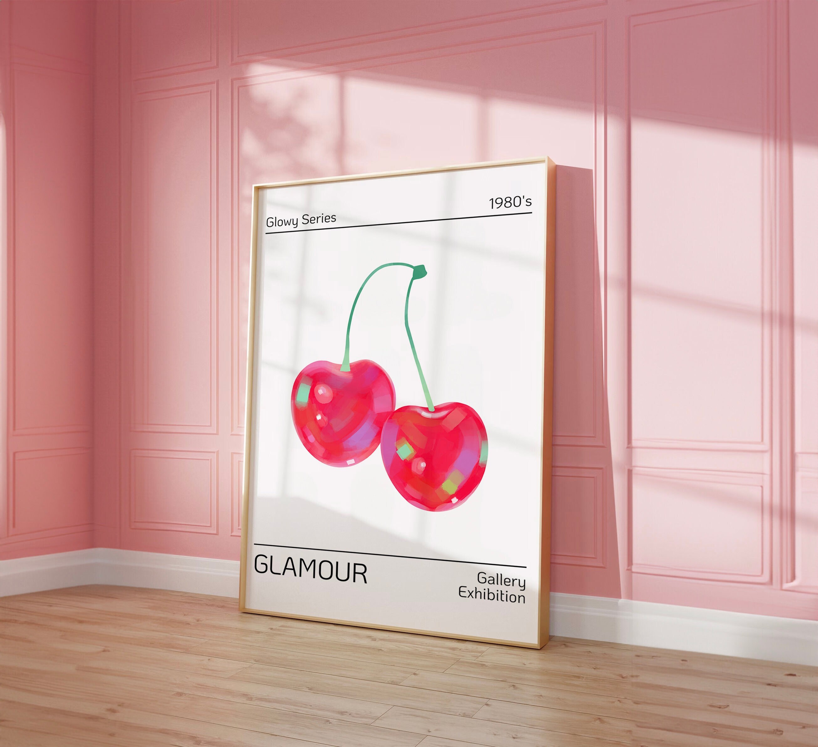 Retro Cherry Poster, Trendy Holographic Wall Art, Pink Preppy Print ...