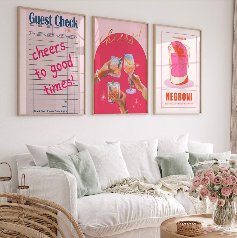 Retro Cocktail Wall Art Set of 3, Bar Cart Poster, Pink Preppy Print ...