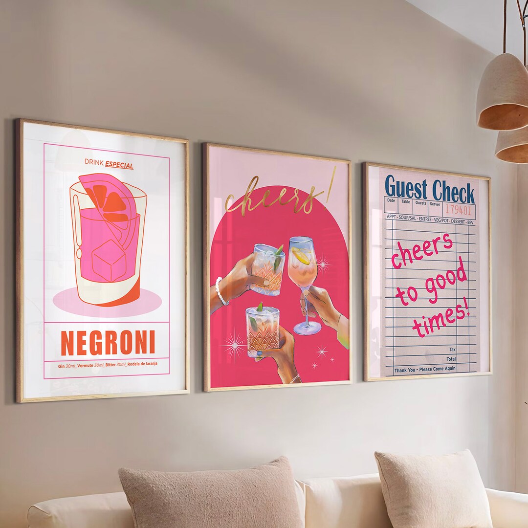 Retro Cocktail Wall Art Set of 3, Bar Cart Poster, Pink Preppy Print ...