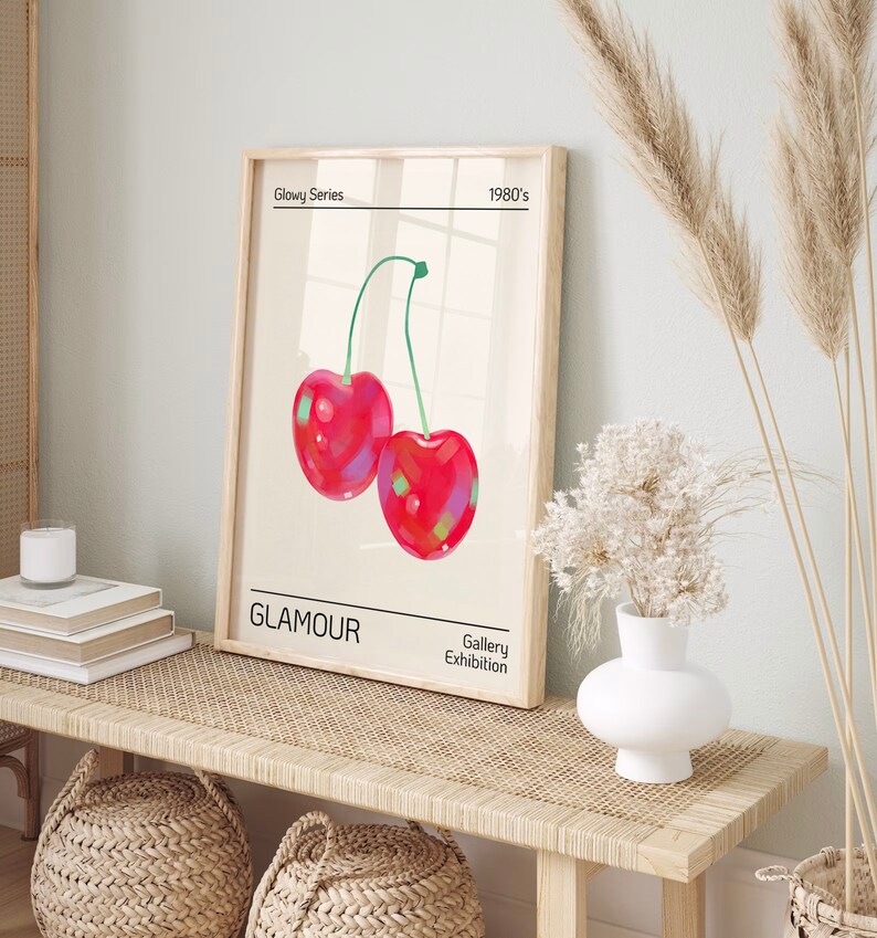 Retro Cherry Poster, Trendy Holographic Wall Art, Pink Preppy Print ...