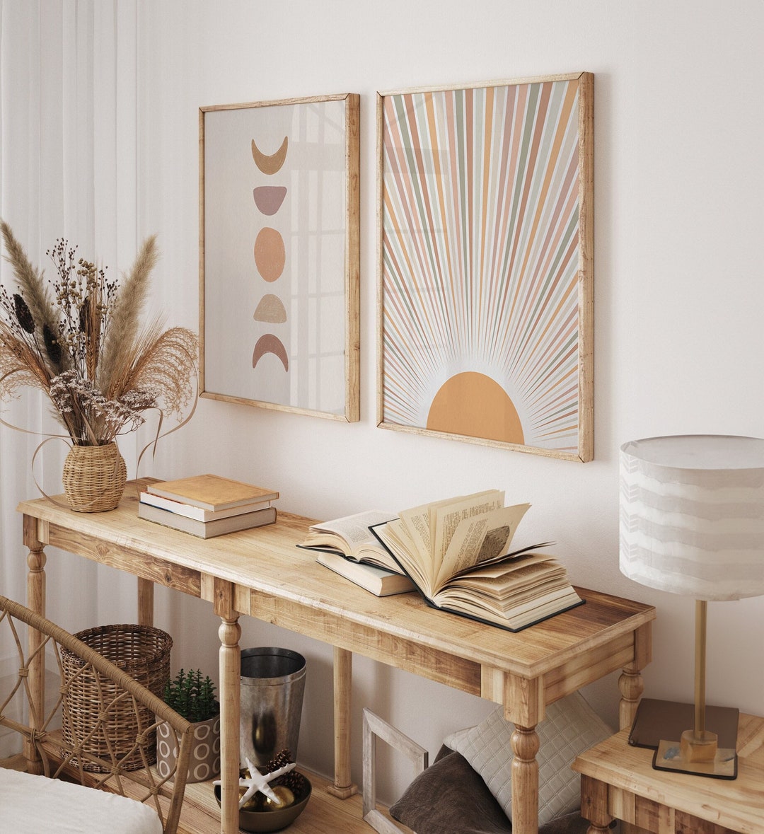 Boho Sonne und Mond 2er Set, druckbare Wandkunst, Pastell Sunburst Poster, Boho Kinderzimmer ...