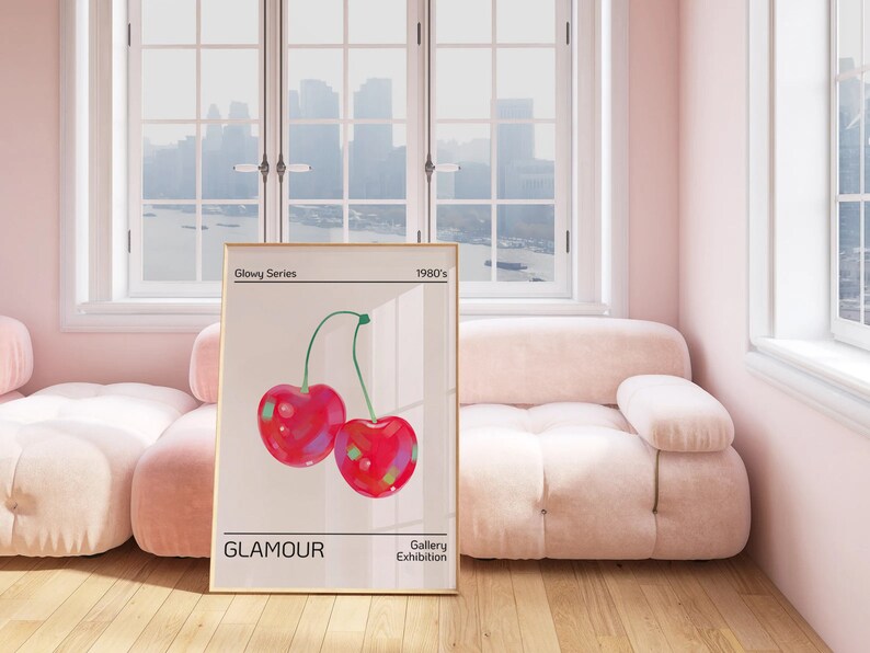 Retro Cherry Poster, Trendy Holographic Wall Art, Pink Preppy Print ...