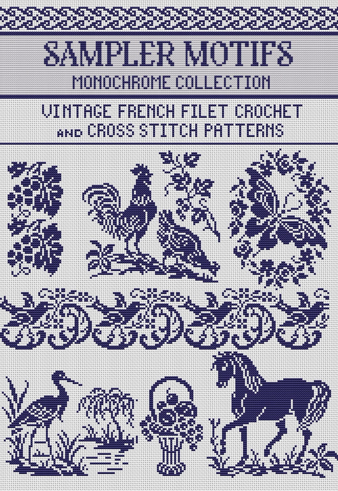Vintage Sampler Motifs Filet Crochet and Cross Stitch,monochrome ...