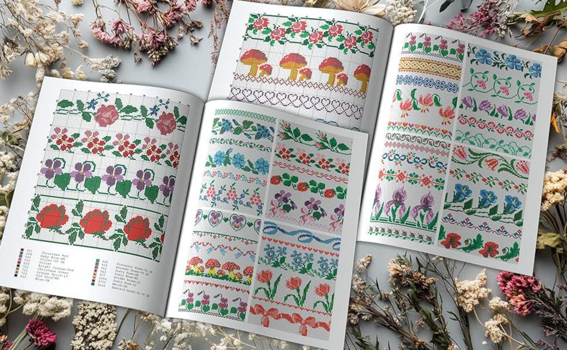 180 Flower Border Cross Stitch Patterns: Embroidery Designs (PDF ...