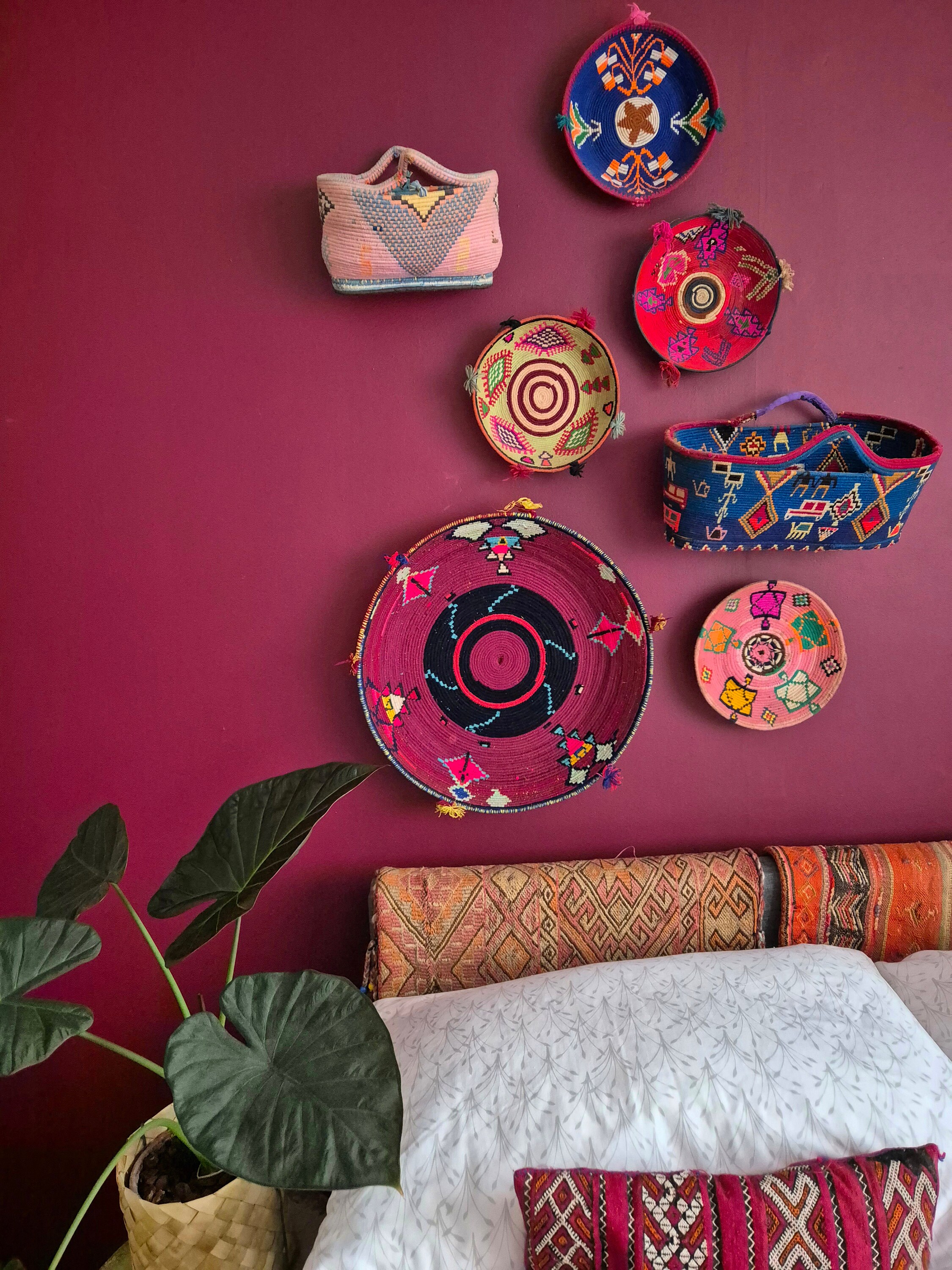 Vintage Moroccan Berber Round Bread Basket, Maroon Boho Wall Hanging ...