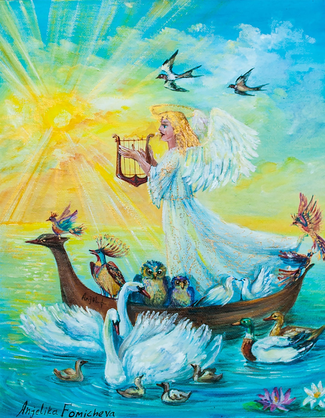 Angel Original Art Seascape Oil Painting Noahs Ark Animals Fairy Tale ...