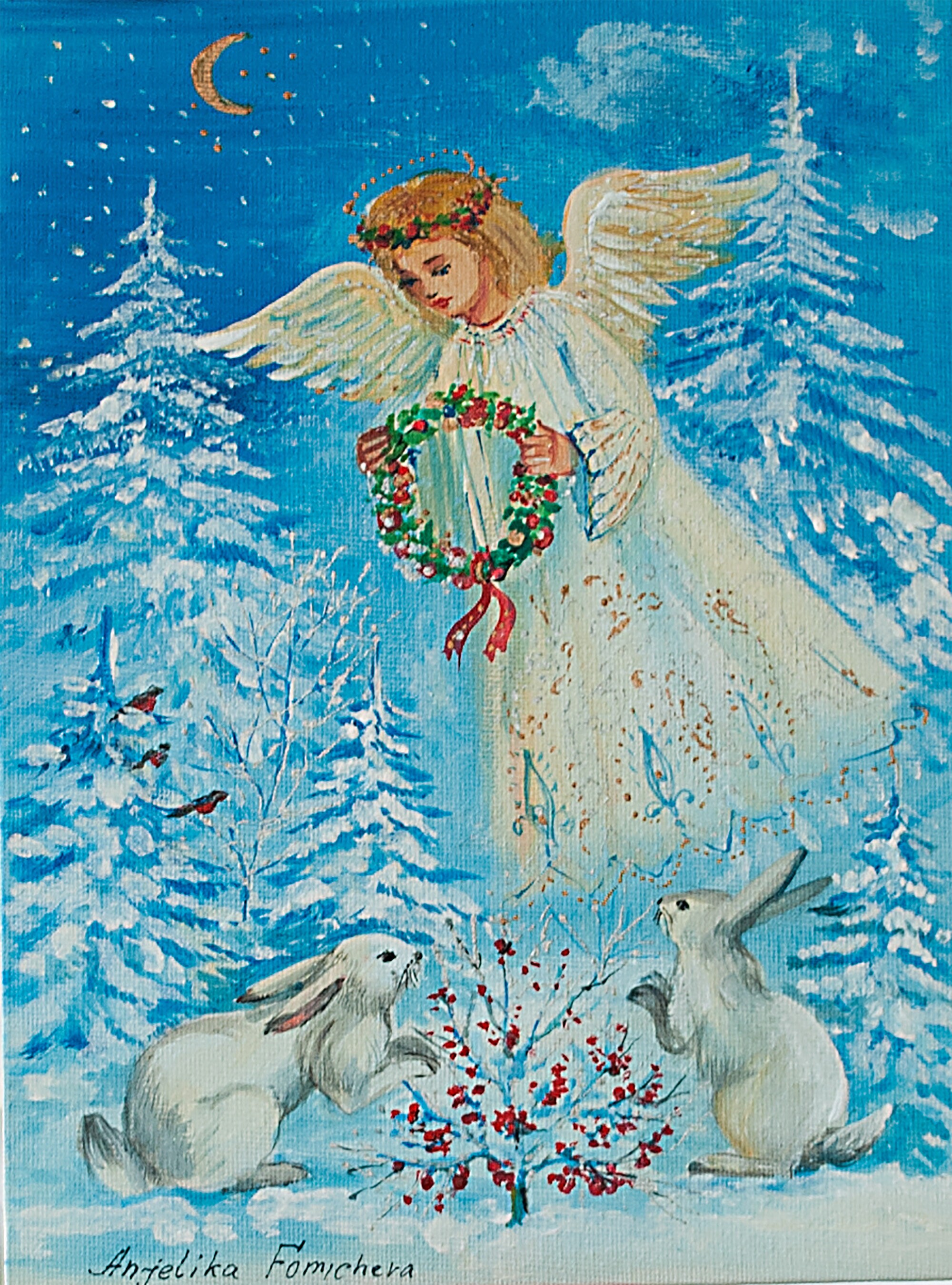 Angel Original Art Snow Landscape Mixed Media Painting Winter ...