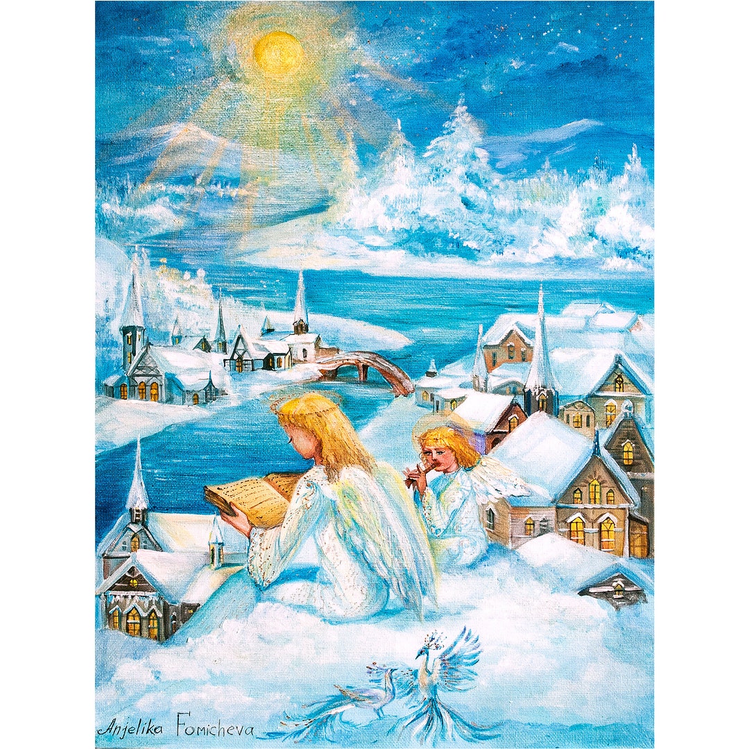 Angels Original Art Canvas Snow Landscape Christmas Painting Winter ...
