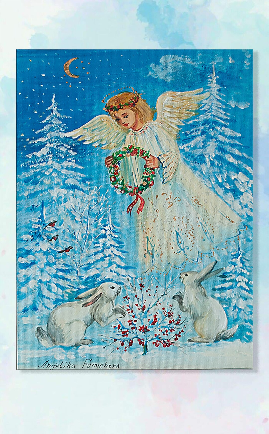 Angel Original Art Snow Landscape Mixed Media Painting Winter ...