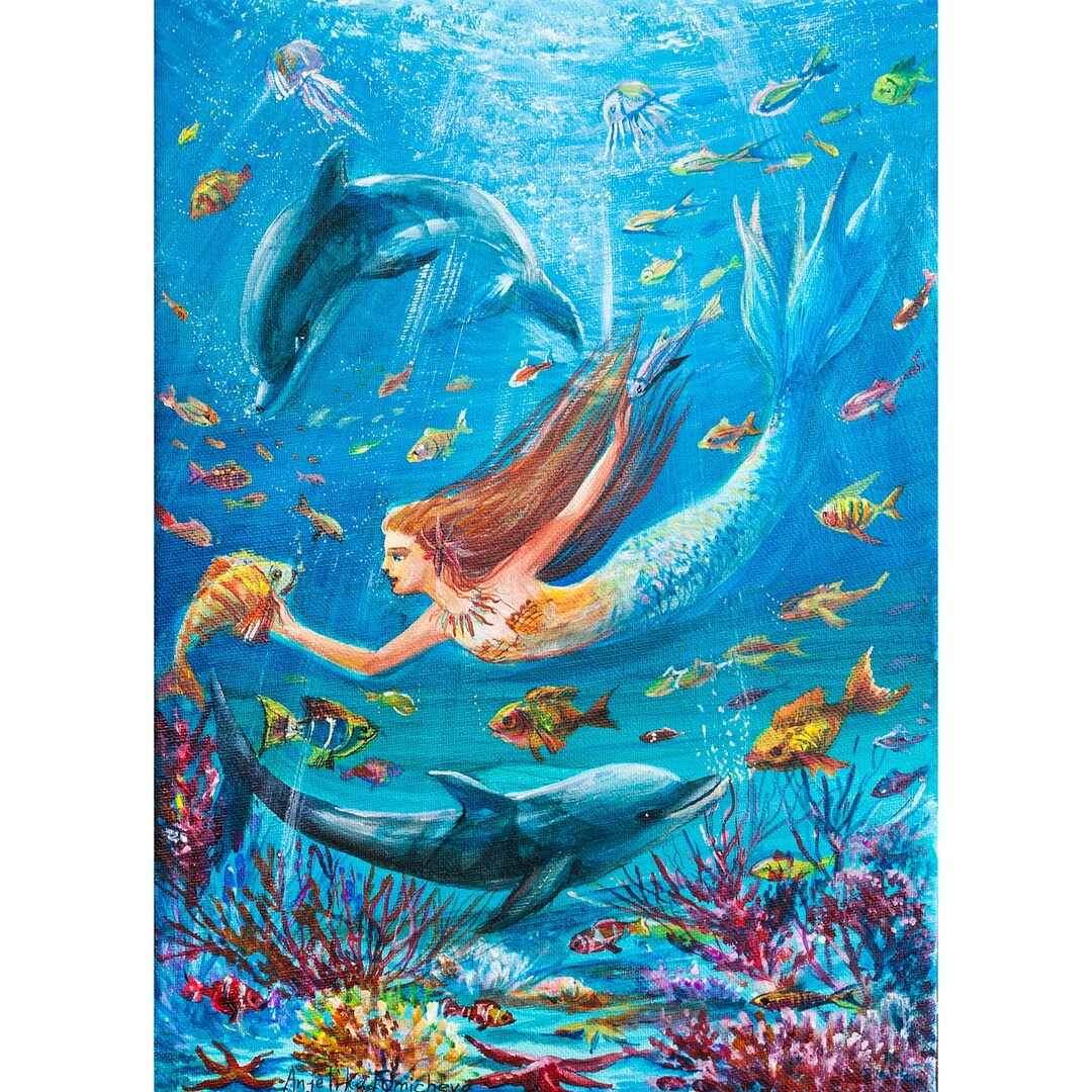 Little Mermaid With Dolphins Painting on Canvas Mermaid Wall Art ...
