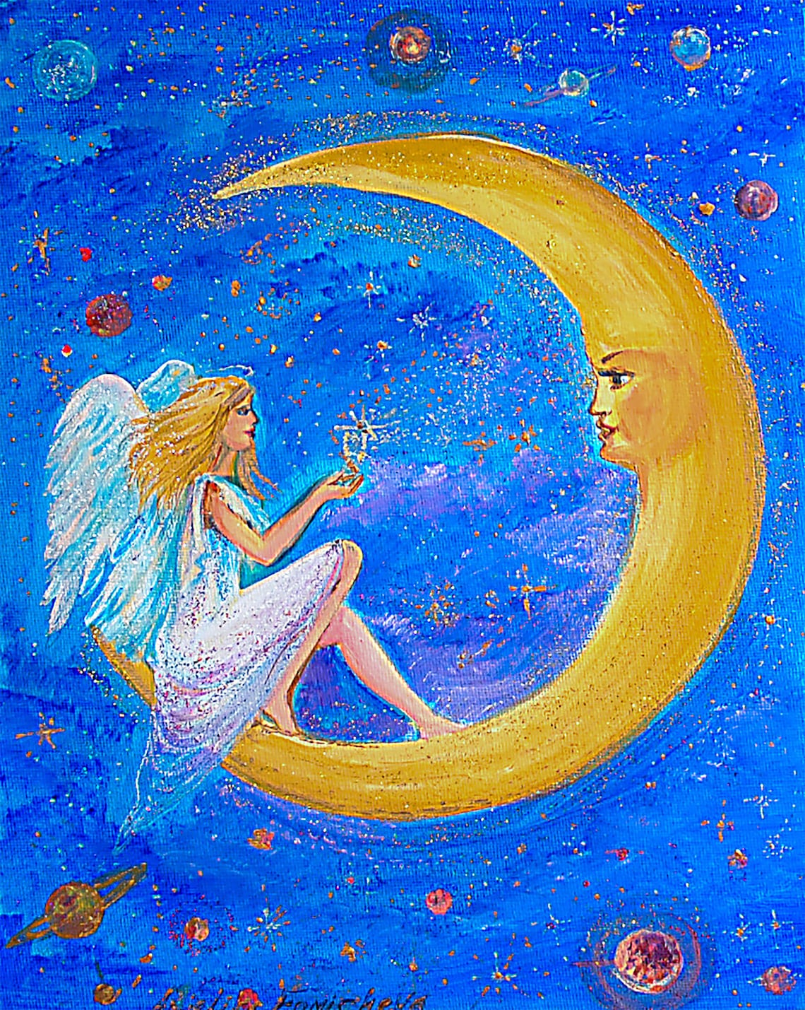 Angel on the Moon Wall Art Winter Colours Crescent Moon Art | Etsy