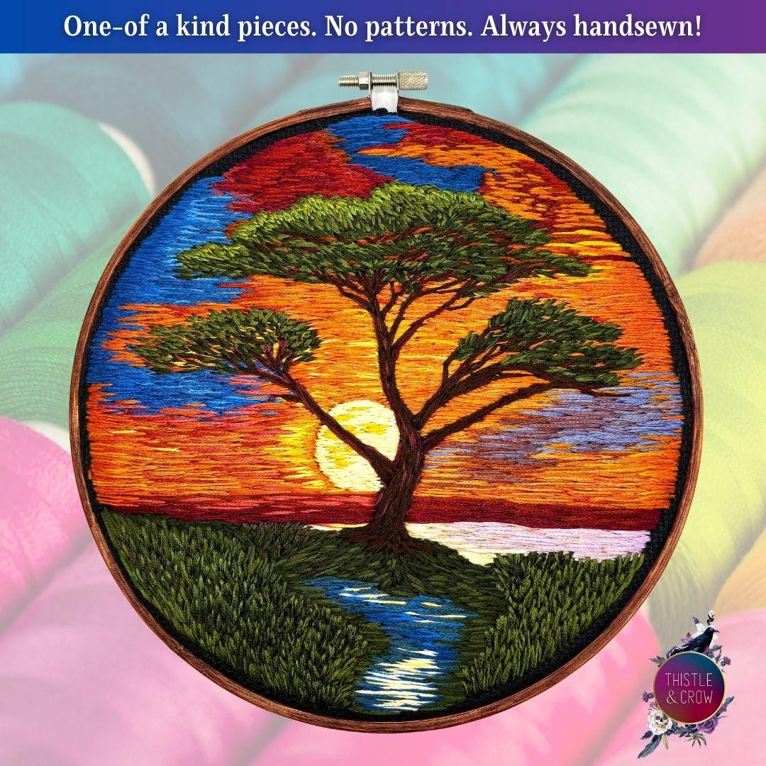 Sunrise Over the Lake 7-inch Handmade Embroidery, Sunset Art, Sunrise ...