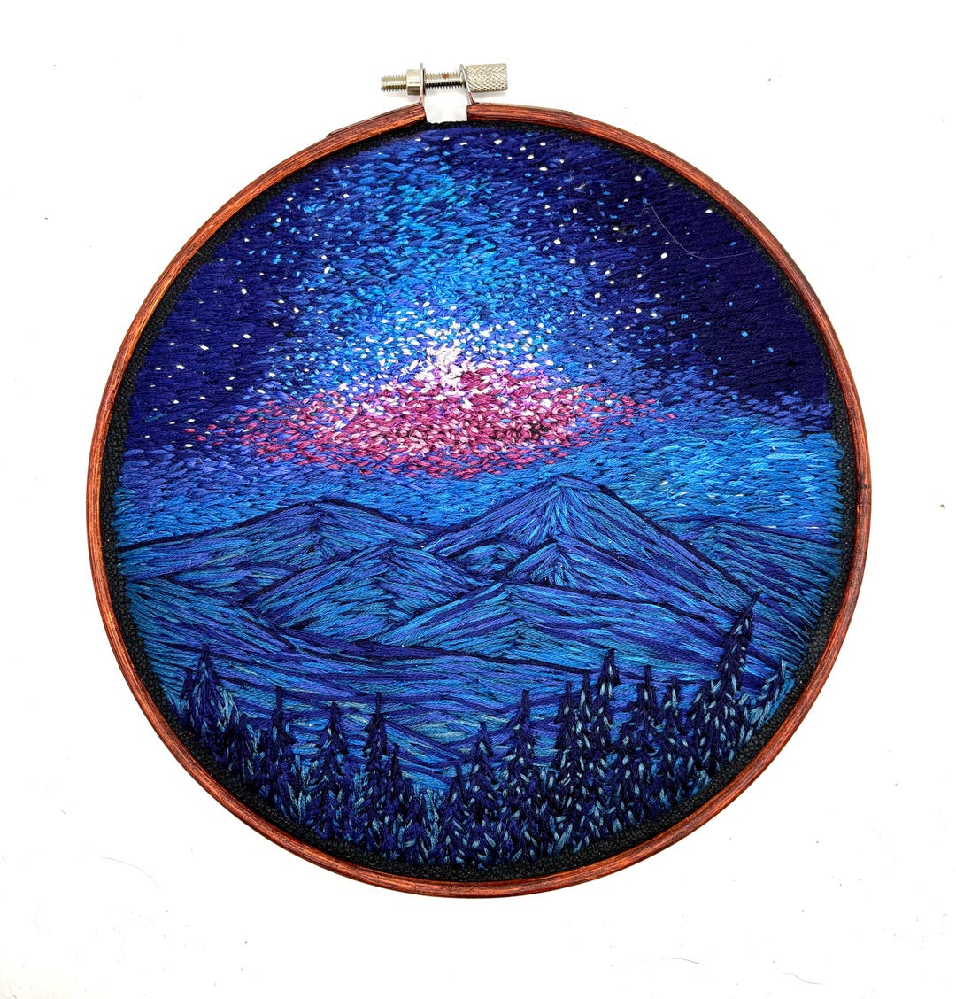 Handmade Night Sky Embroidery: Mountains Stars and Forest Landscape Art ...