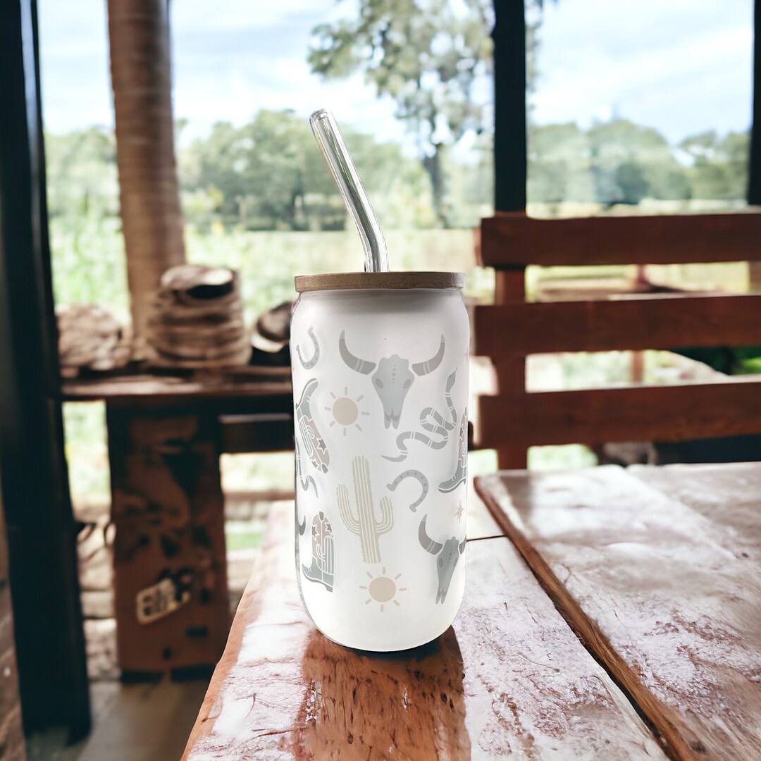 Western Inspired Glass Can Coffee Cup, Cow Skull Mug, Cactus Cup, Gift ...