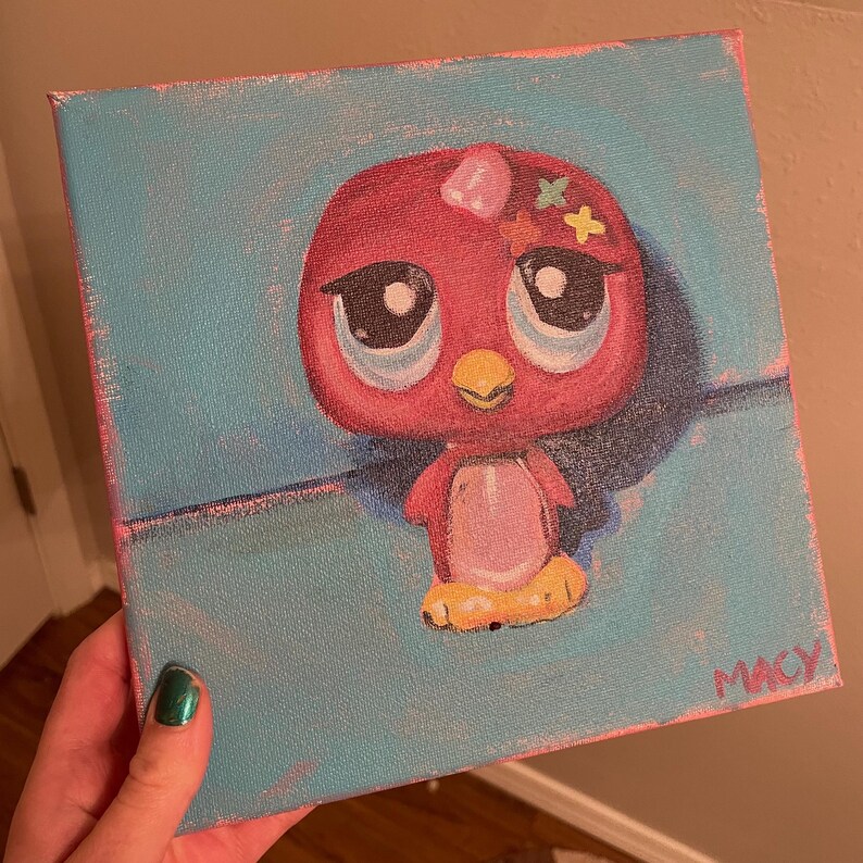 LPS Snowy Penguin Painting, Original Acrylic Art (8x8” Canvas) - Etsy