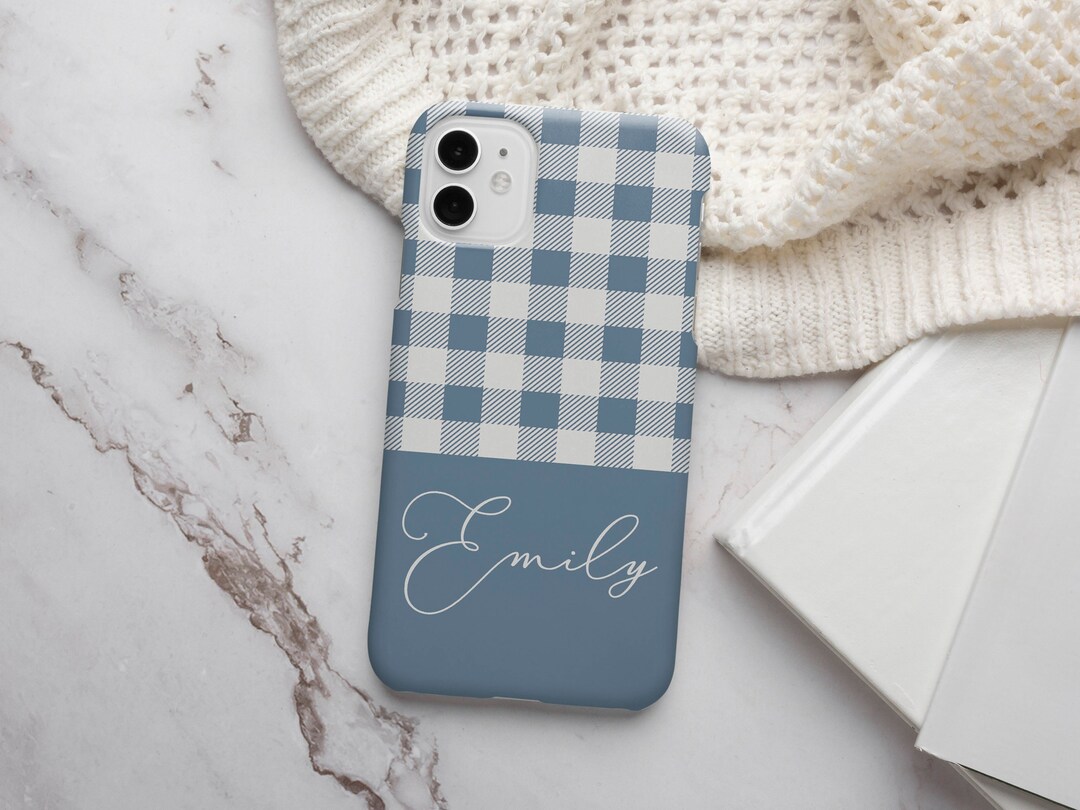 Vichy Pattern Custom Initials Blue Beige Phone Case for iPhone 17 15 ...