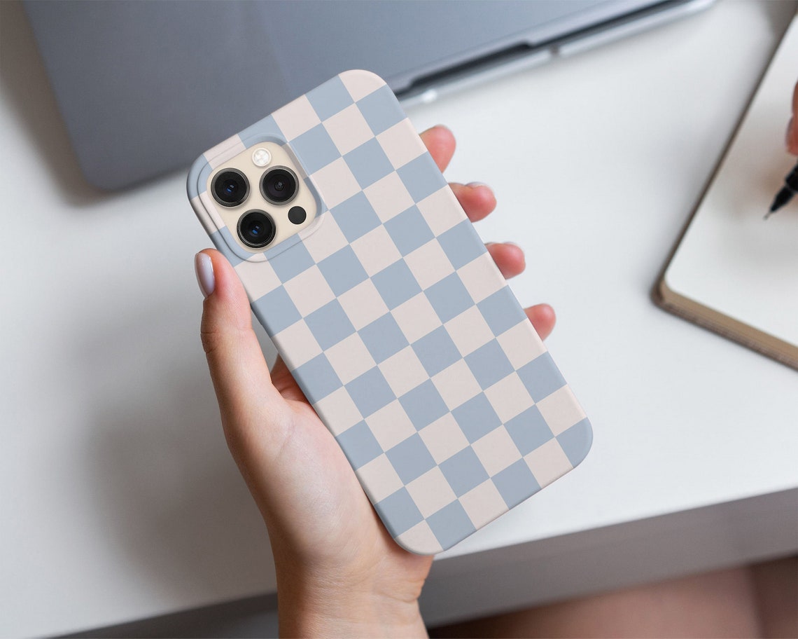 Checkered Pastel Blue Retro Phone Case for iPhone 17 16 15 • All Models ...