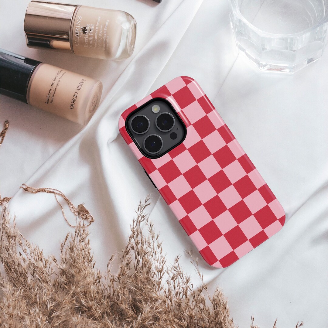 Checkered Plaid Red Pink Retro Phone Case for iPhone 17 16 15 • All ...