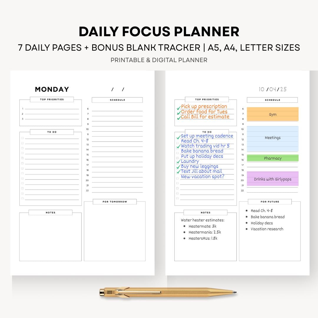 Daily Focus Planner Printable: Minimalist Black & White (PDF) - Etsy