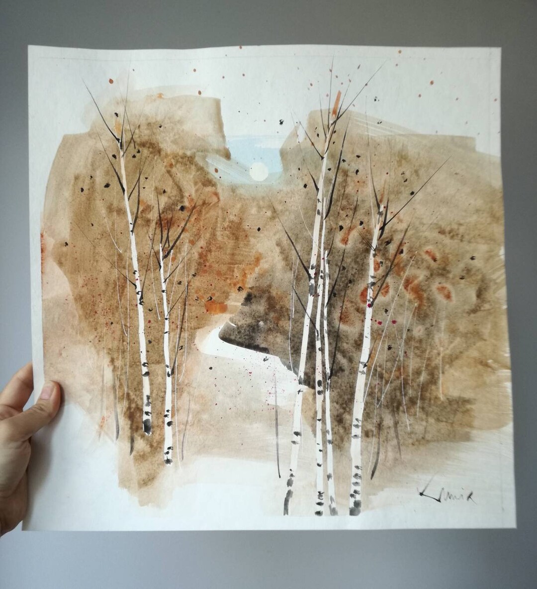 Brown Landscape, Watercolor Painting, Autumn Nature Scene, Birch Trees ...