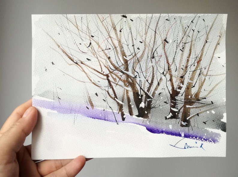 Trees in Winter Landscape Watercolor Painting Unframed - Etsy