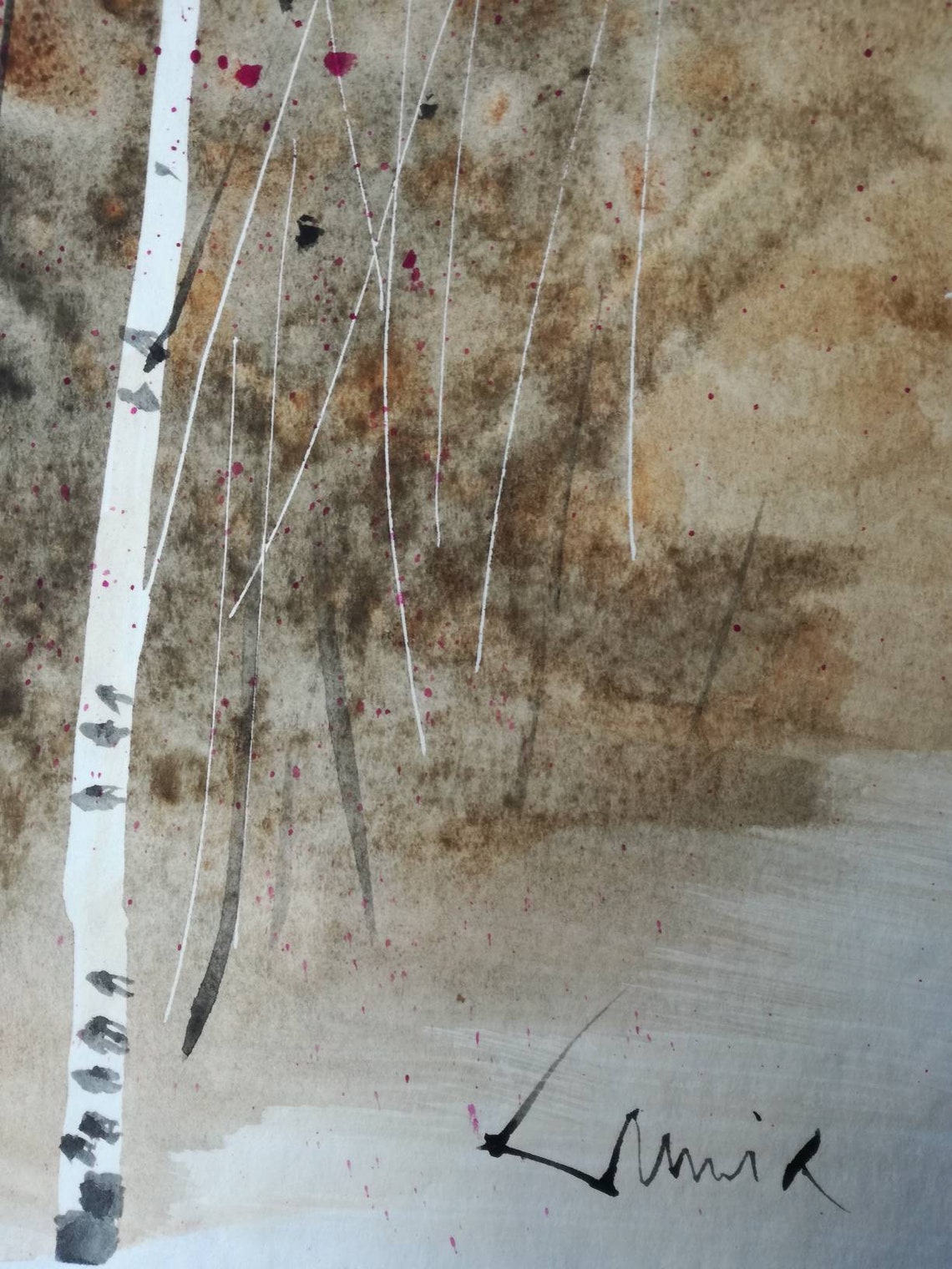 Brown Landscape, Watercolor Painting, Autumn Nature Scene, Birch Trees ...